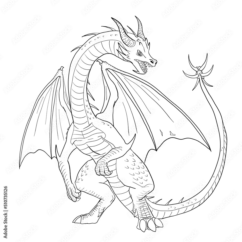 Black and white coloring page ink illustration of a dragon. Stock ...