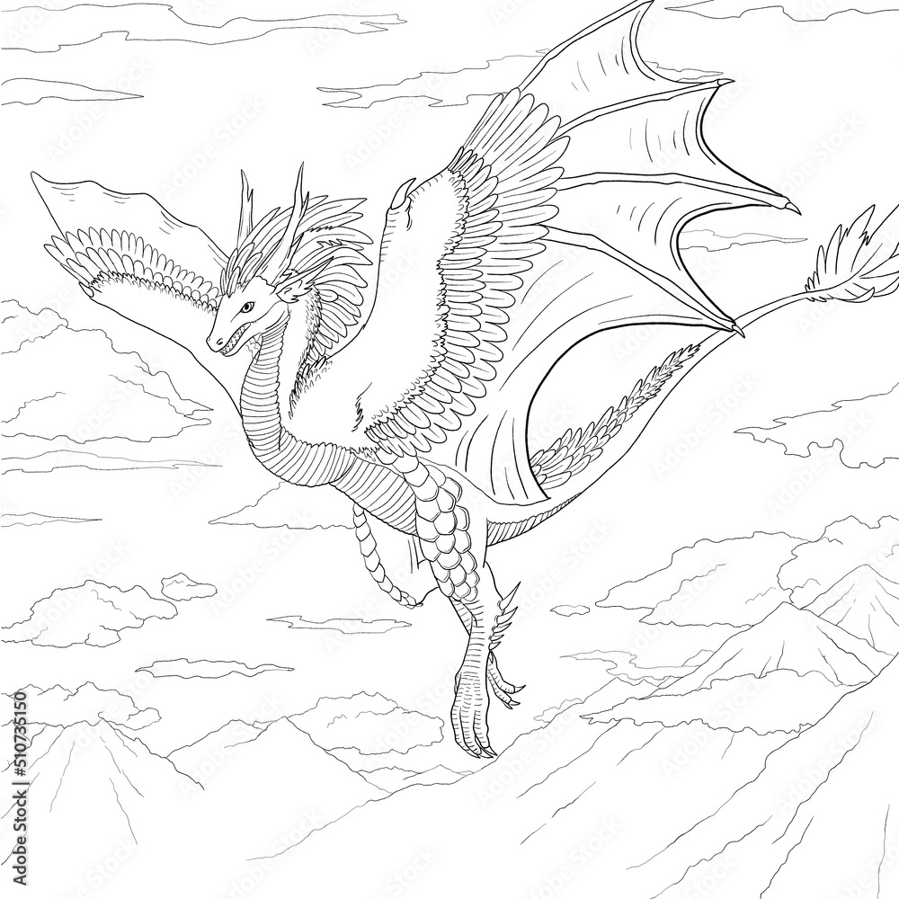 Black and white coloring page ink illustration of a dragon. Stock ...