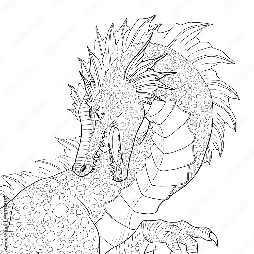 Black and white coloring page ink illustration of a dragon. Stock ...