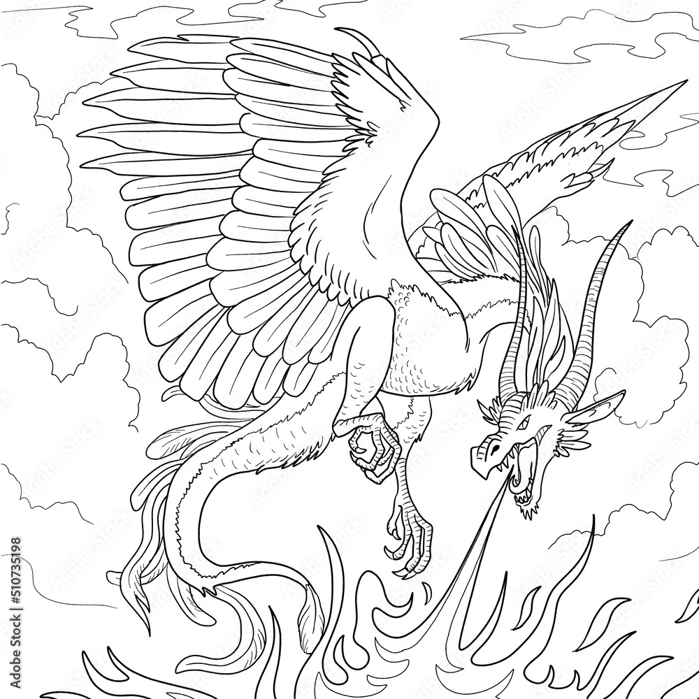 Black and white coloring page ink illustration of a dragon. Stock ...