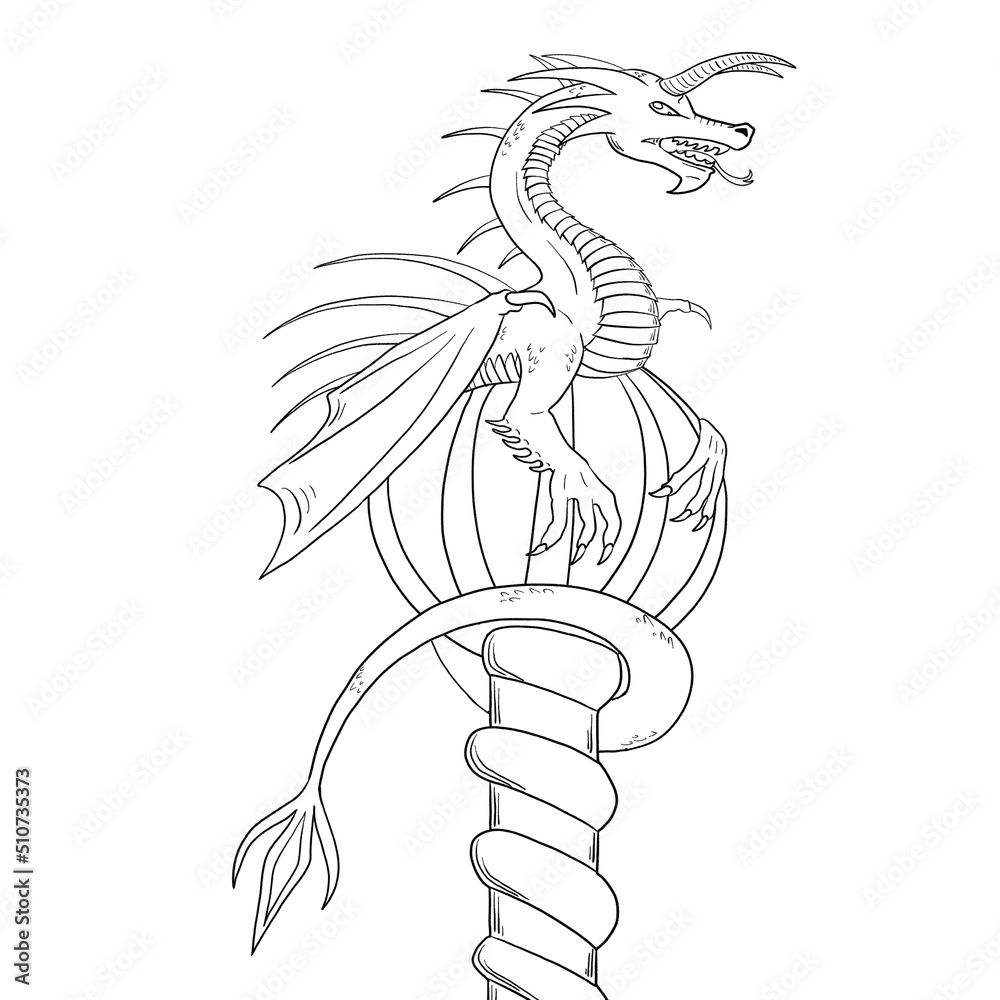 Black and white coloring page ink illustration of a dragon. Stock ...