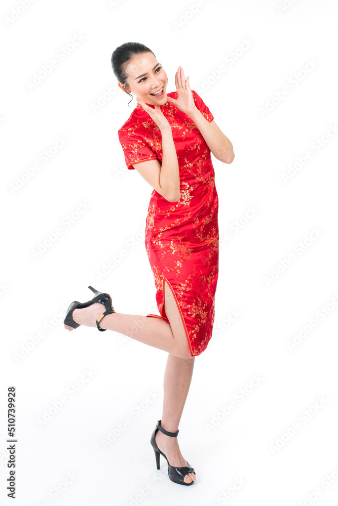 Full body of Asian Chinese Woman wearing red color traditional Chinese ...