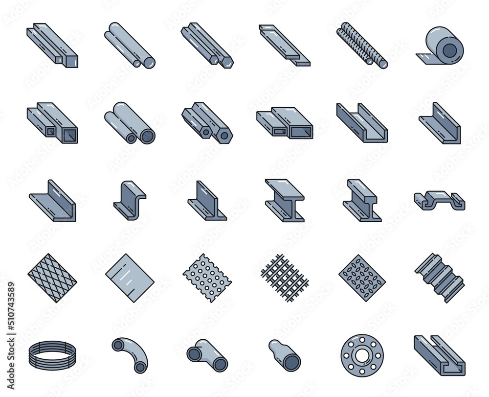 Color steel and aluminum rolled metal, stainless profile outline icons ...