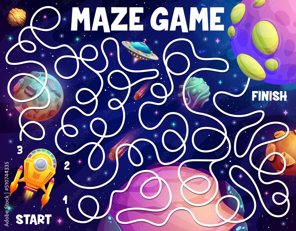 Cartoon space galaxy planets and stars, spacecraft UFO labyrinth maze ...