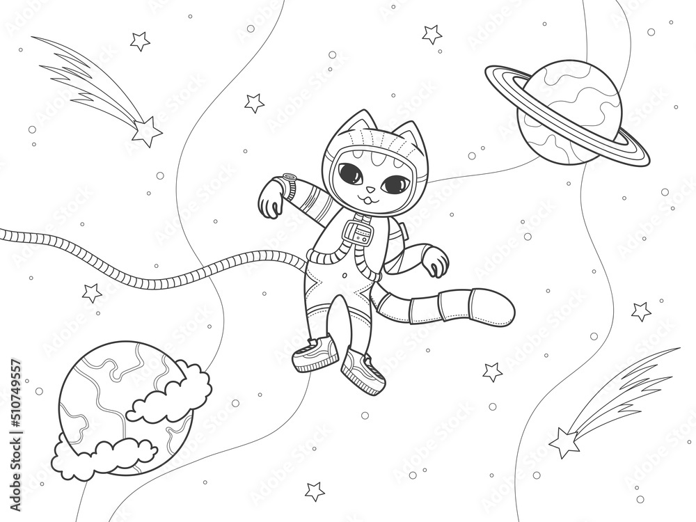 Little cute astronaut cat in a spacesuit in outer space surrounded by ...