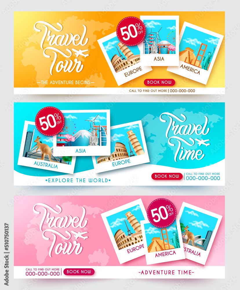 Travel time sale vector banner set. Travel tour text with travel ...