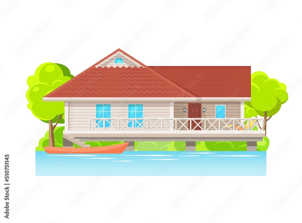 Modern suburban apartment by the water with parked boat. Vector stilt ...