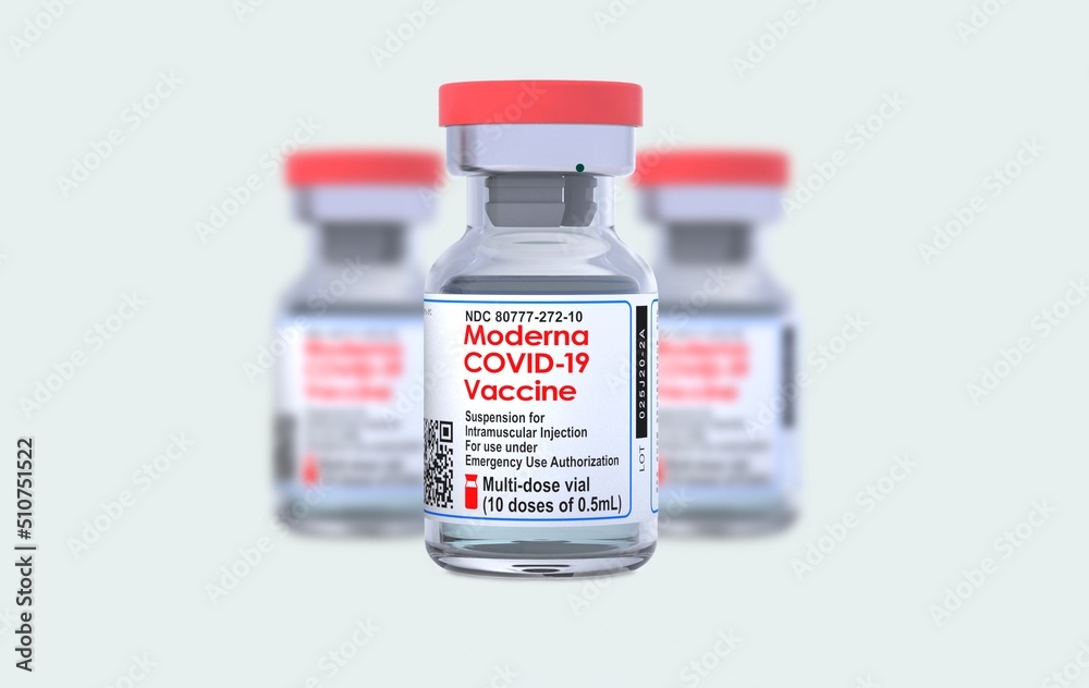 Thailand – MARCH 15. 2022: Closeup of biontech pfizer and moderna mrna covid-19 vaccine vials ...