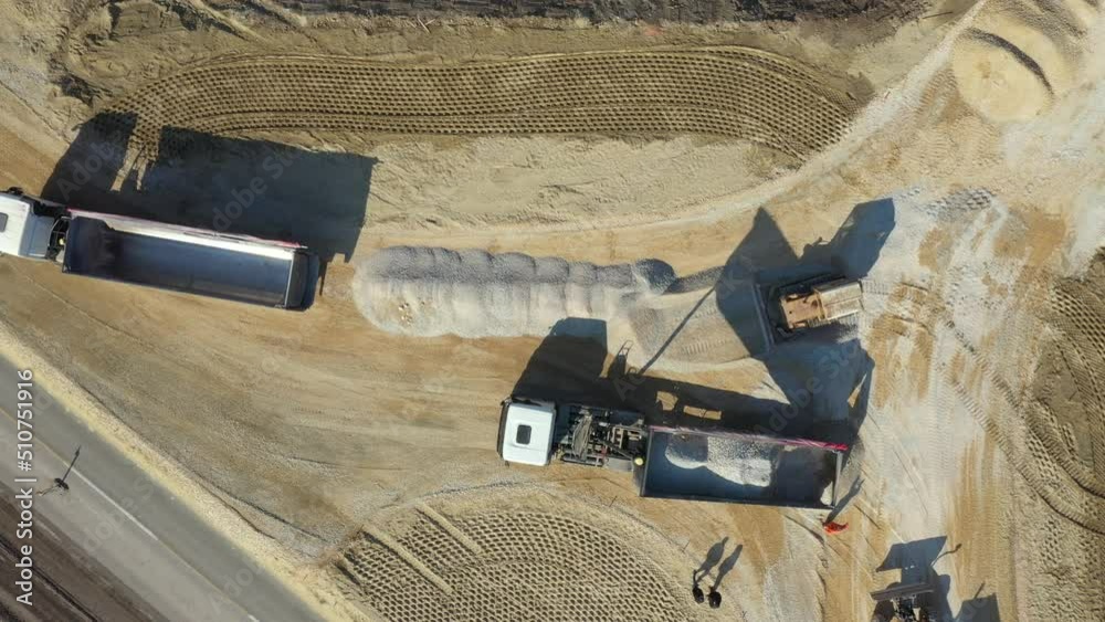 Above top view, overhead on tipper truck as lifting his trailer to ...