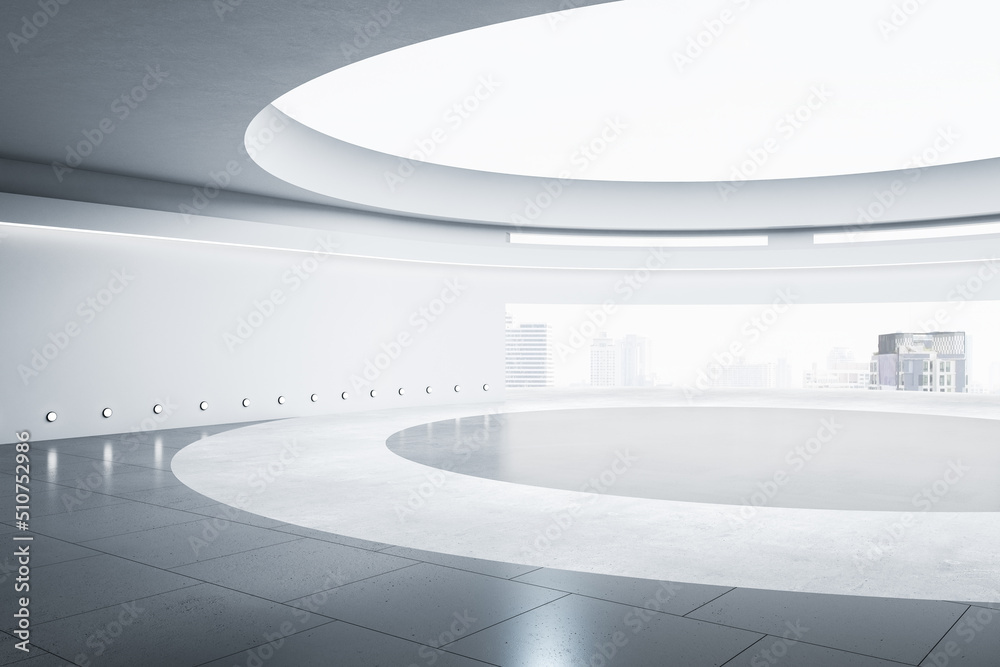 Contemporary open ceiling with sky view gallery interior with concrete ...