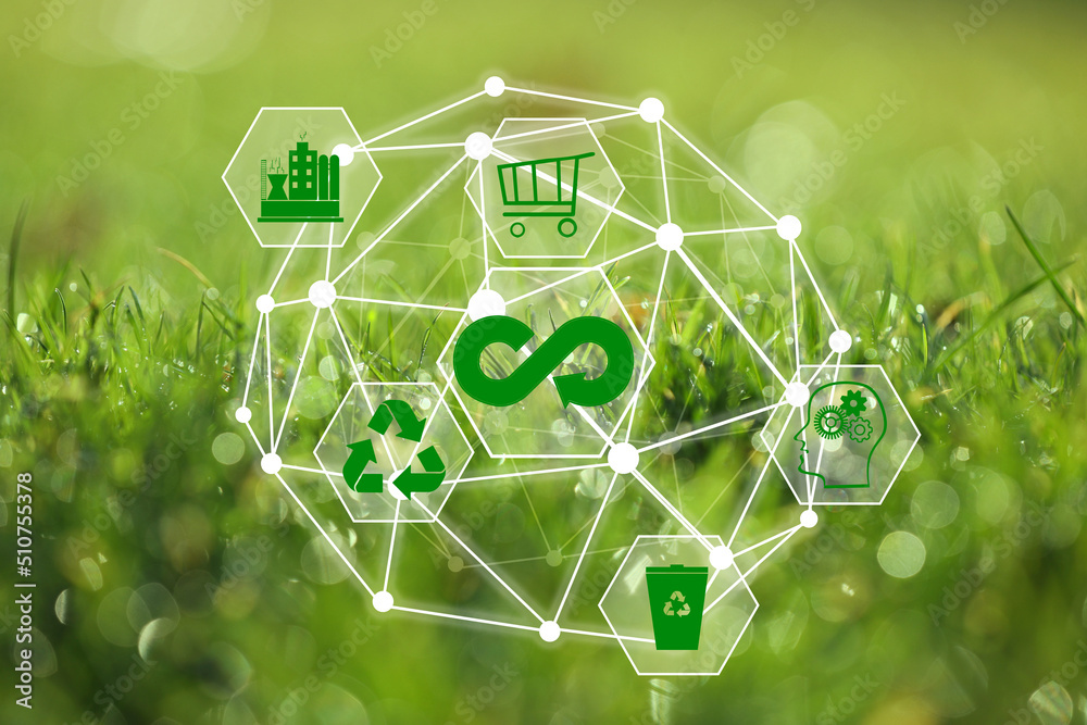Circular economy concept. Green grass and illustration of infinity ...