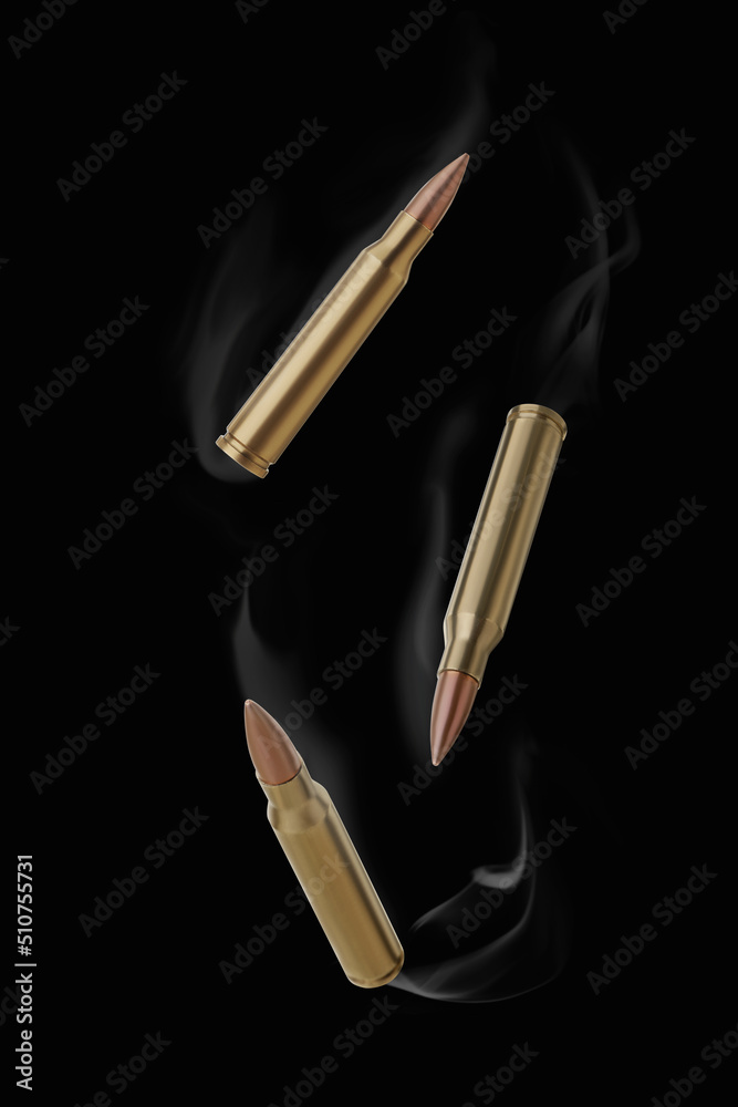 Bullets with smoke falling on black background Stock Photo | Adobe Stock