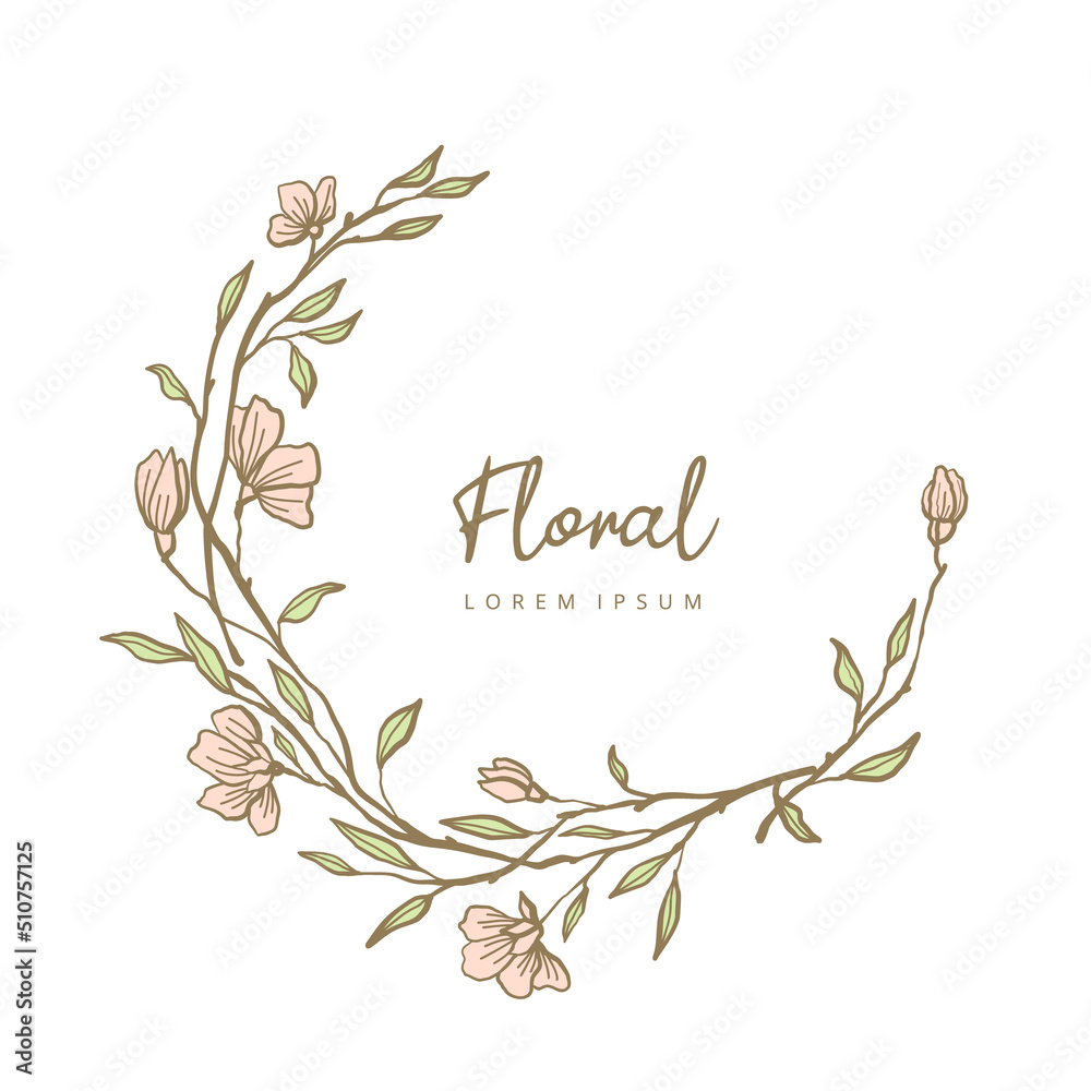 Floral frame. Elegant hand drawn logo template with pink flowers and ...