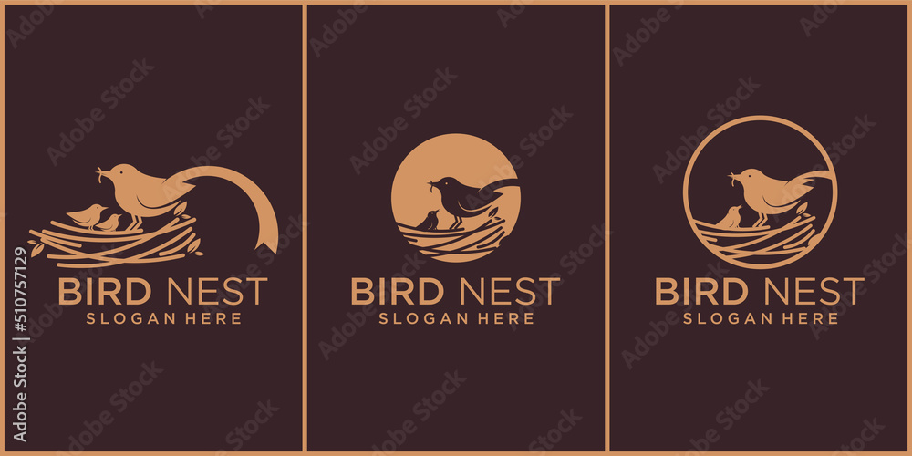 set line illustration of natural bird's nest icon logo with beautiful ...
