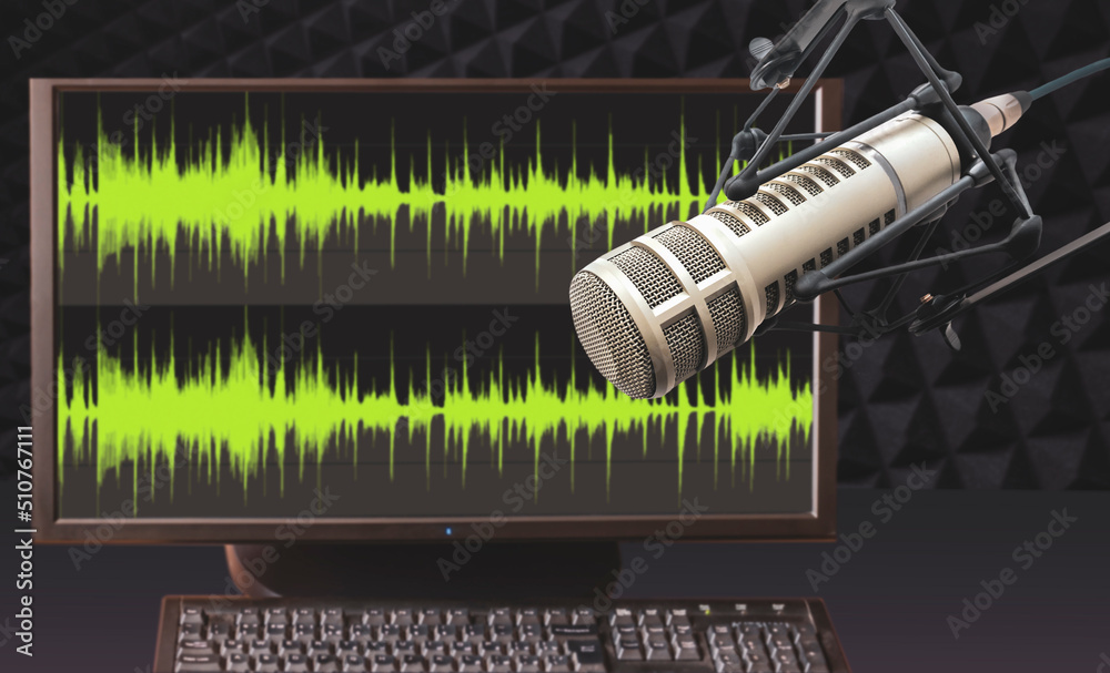 Background with a professional microphone and wave form on screen Stock ...