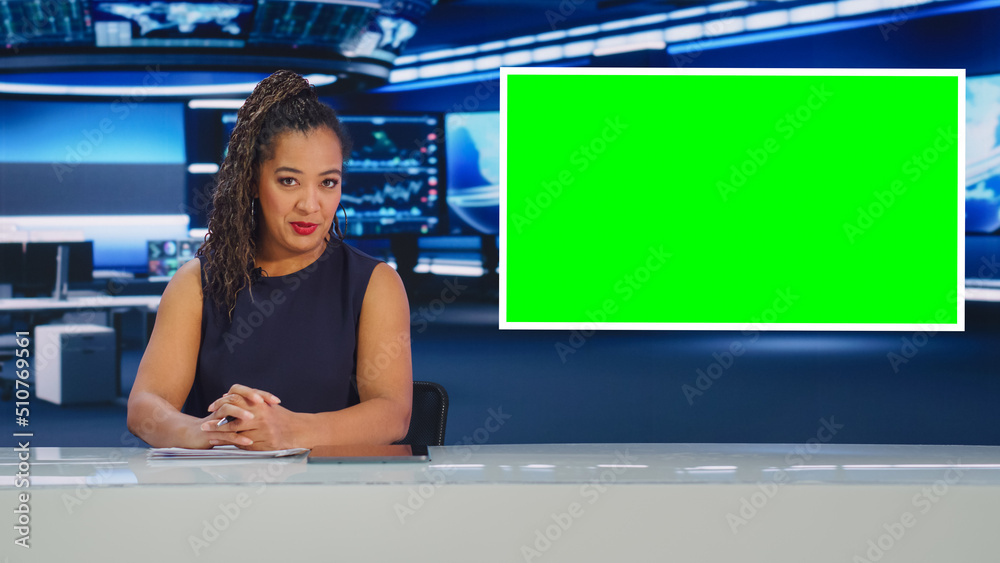 Newsroom TV Studio Live News Program: Caucasian Female Presenter ...
