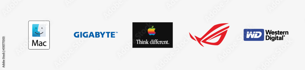 Gigabyte logo, Asus rog logo, Western Digital logo, Mac logo, Apple ...