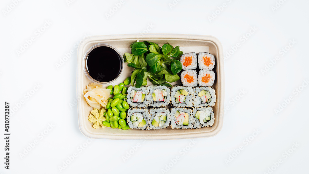 Fresh sushi set box on white background, sustainable and eco-friendly ...