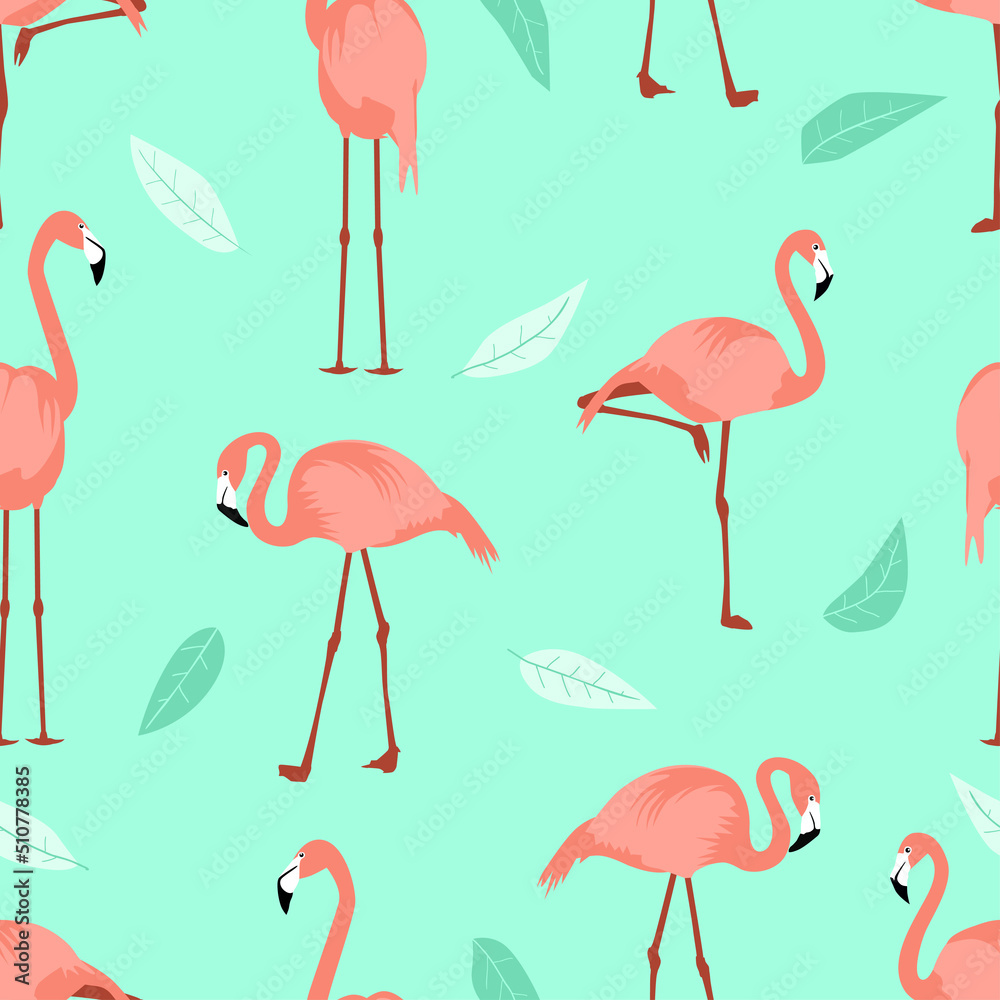 Seamless summer pattern flamingo turquoise foliage background. Exotic ...