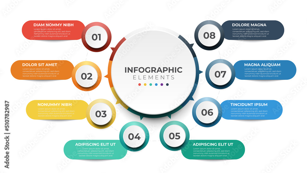8 list of steps, layout diagram with number of sequence, circular infographic element template ...
