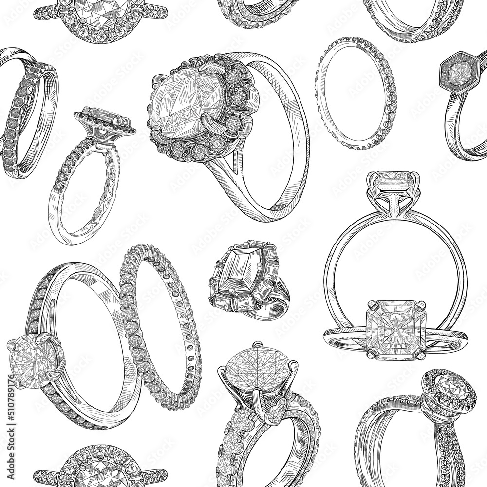 Jewelry seamless pattern, hand drawn ring with precious stones, black ...