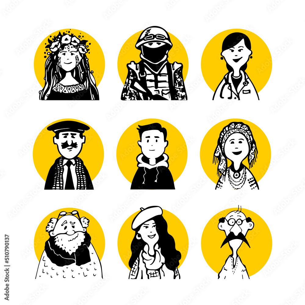 Collection of 10 comic faces and characters of people in the style of ...