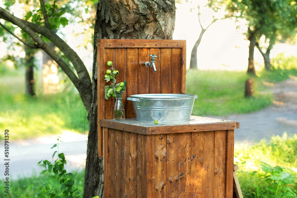 Handmade wooden Wash basin with soap in garden for hands cleaning in ...