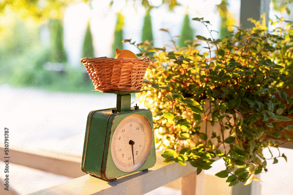 beautiful old weight scales in outdoor market. Showcase of an street ...