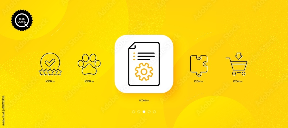 Technical documentation, Dog paw and Puzzle minimal line icons. Yellow abstract background ...