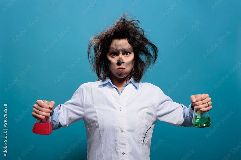 Mad and enranged scientist with wacky look infuriated by failed ...