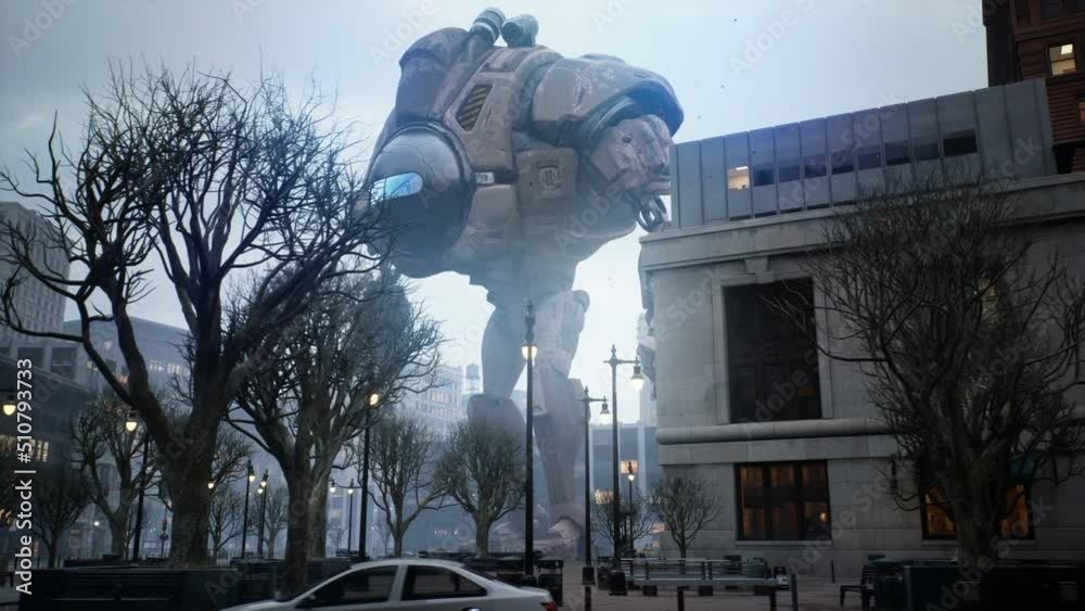 A giant robot destroys and invades a peaceful city with its laser ...