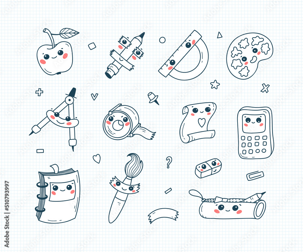 Back to School Coloring Page. Cute School Supplies Clipart Set. Happy ...