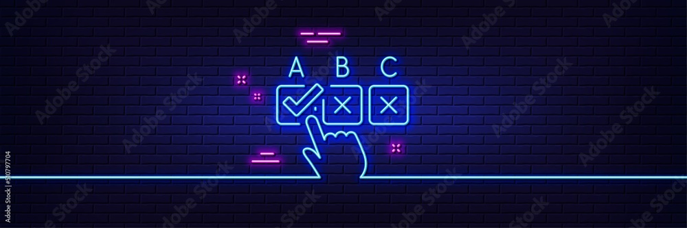 Neon light glow effect. Correct checkbox line icon. Select answer sign ...