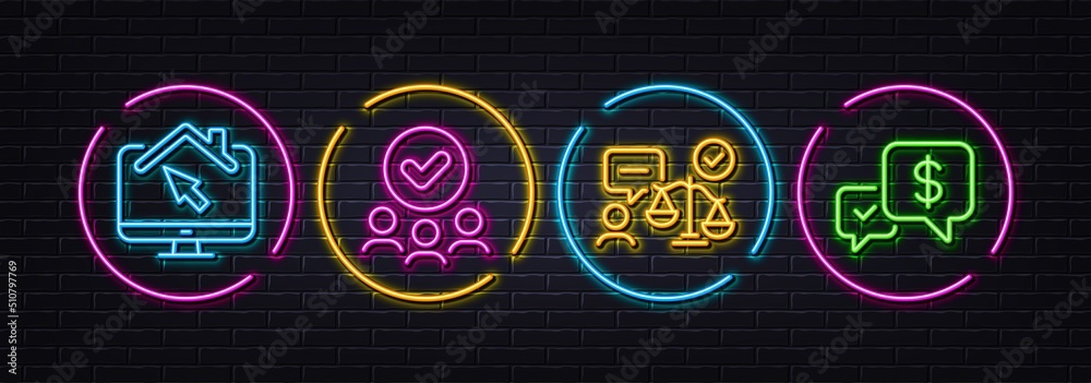 Approved group, Lawyer and Work home minimal line icons. Neon laser 3d lights. Payment received ...