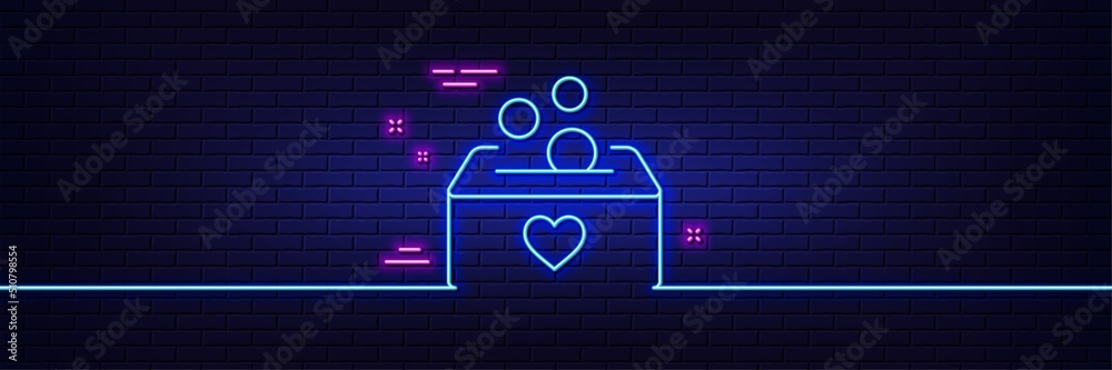 Neon light glow effect. Donate money box line icon. Fundraising box ...