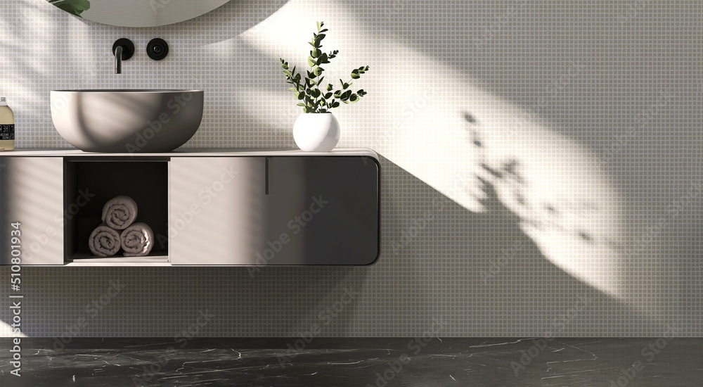 Realistic 3D render, modern round matt gray ceramic wash basin with ...