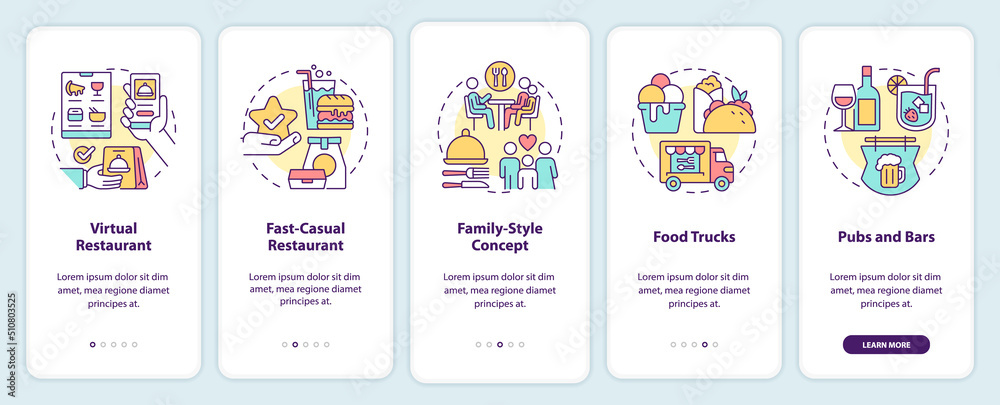 Restaurant concepts onboarding mobile app screen. Pubs and bars ...