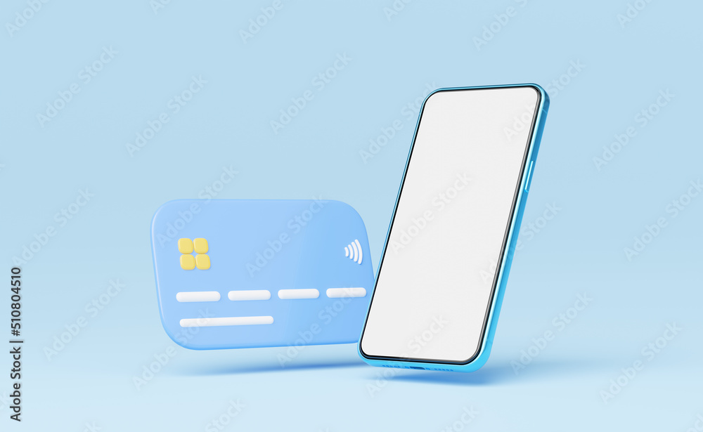 3d Smartphone and credit card floating on blue background. Saving ...