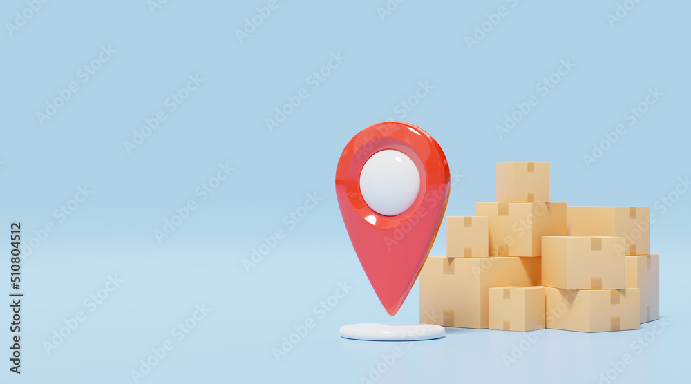 3d Red location map pin and box. Plastic realistic GPS navigator, Pile ...