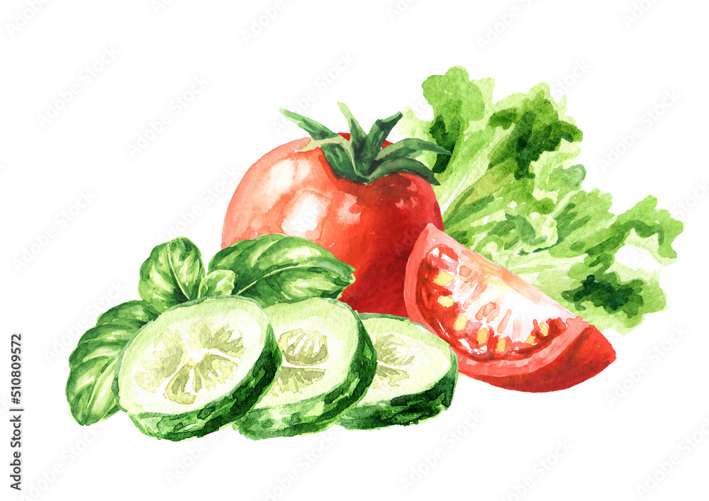 Fresh vegetables. Cherry tomatoes with cucumber and lettuce leaves ...