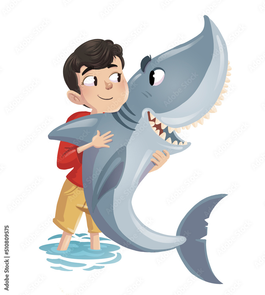 Children's illustration of a boy with a shark Stock Illustration ...