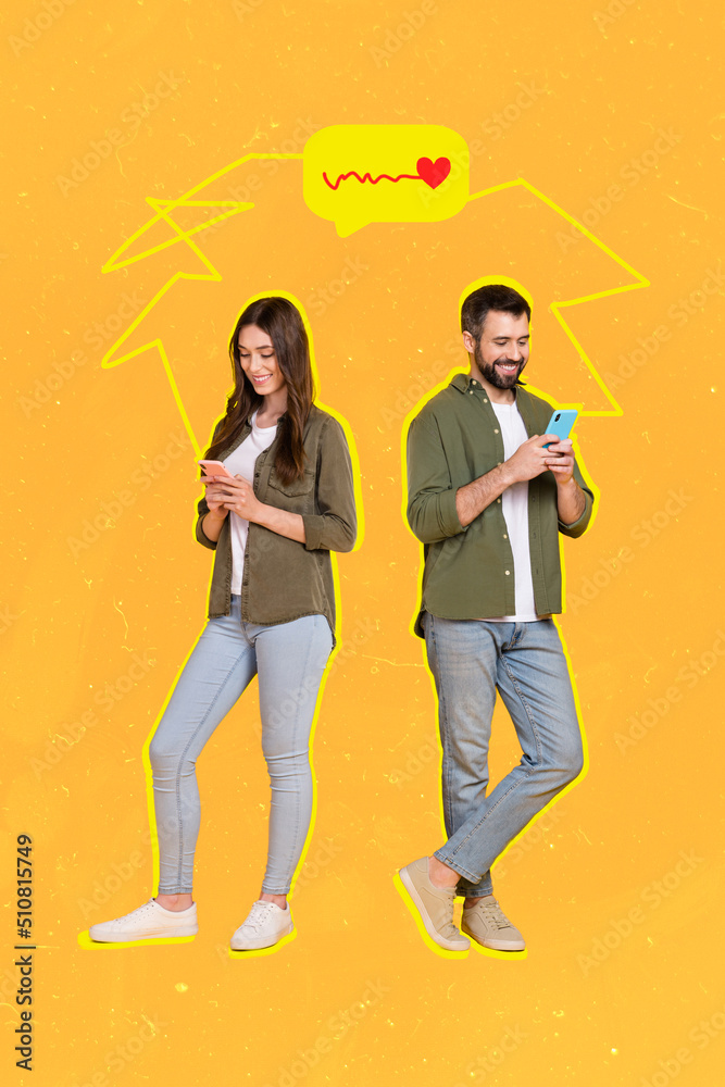 Vertical collage picture of two people use hold telephone chatting ...