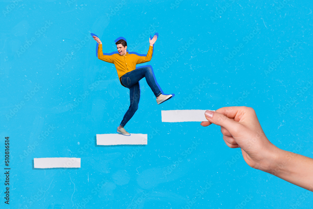 Creative collage picture of huge hand hold make drawing paper stairs ...