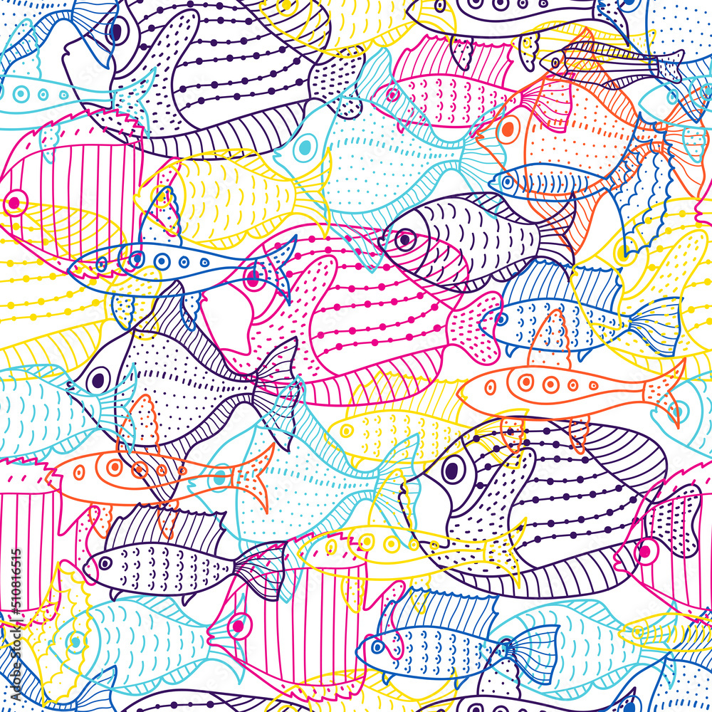 Cute line colorful fish . Kids background. Seamless pattern. Can be ...