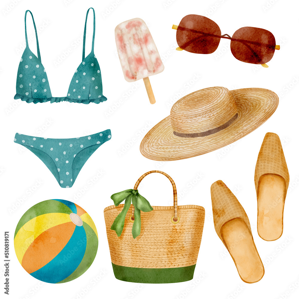 Watercolor beach vacation essentials illustration. Hand drawn bikini ...