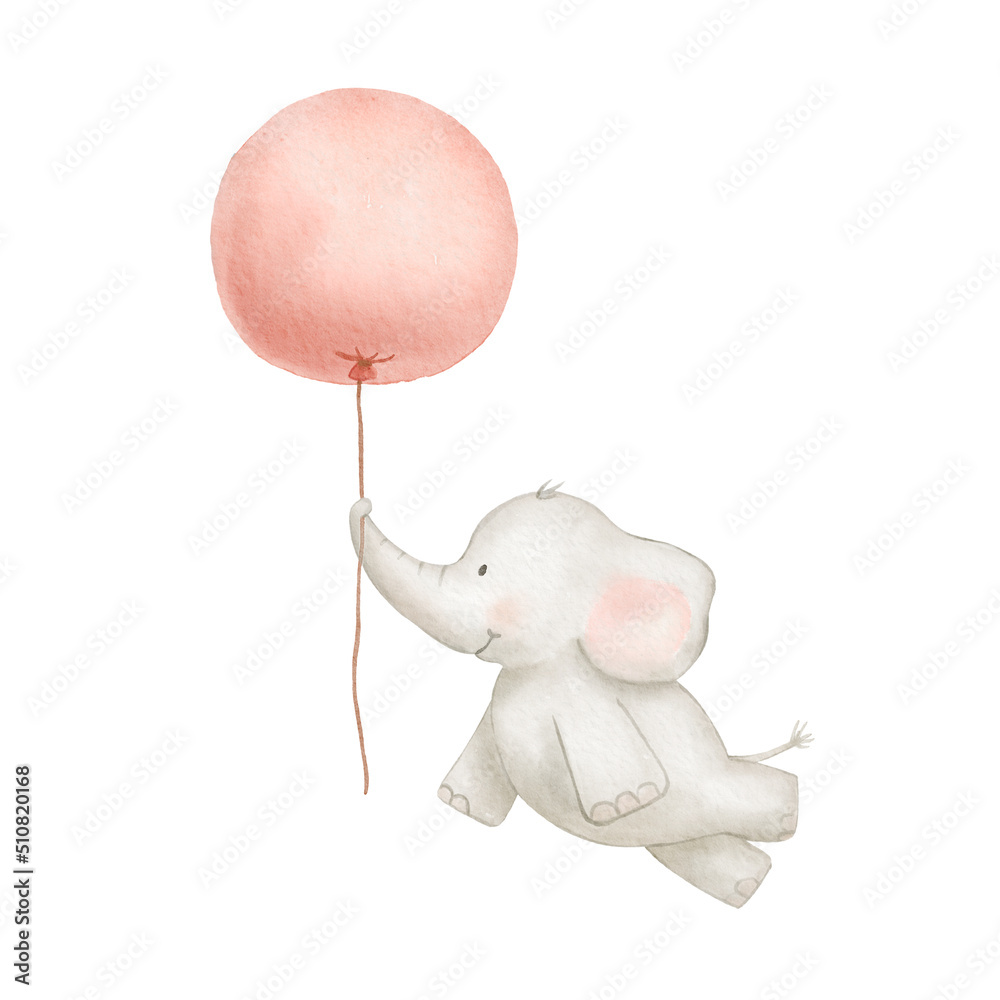 Cute baby elephant flying with red balloon. Watercolor drawing isolated ...