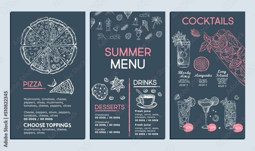 Summer menu, template design. Food flyer. Hand-drawn style. Vector ...