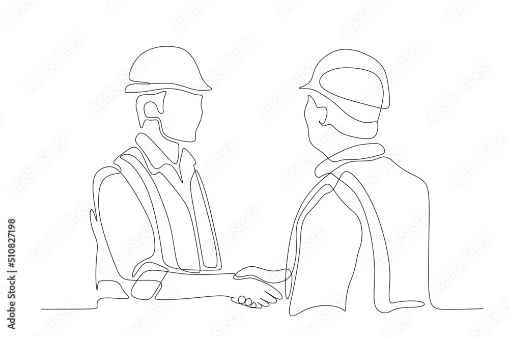 One single line drawing of young construction manager do hand shake ...