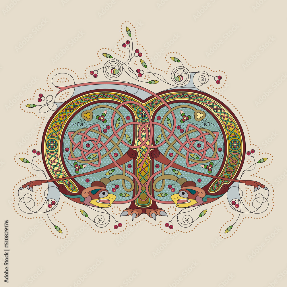 Illuminated, Medieval Initial Letter M combining animal body parts from ...