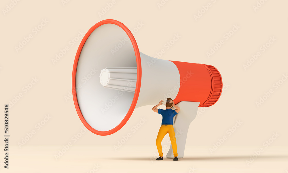 Character using a megaphone. Business announcement. 3D Rendering Stock ...